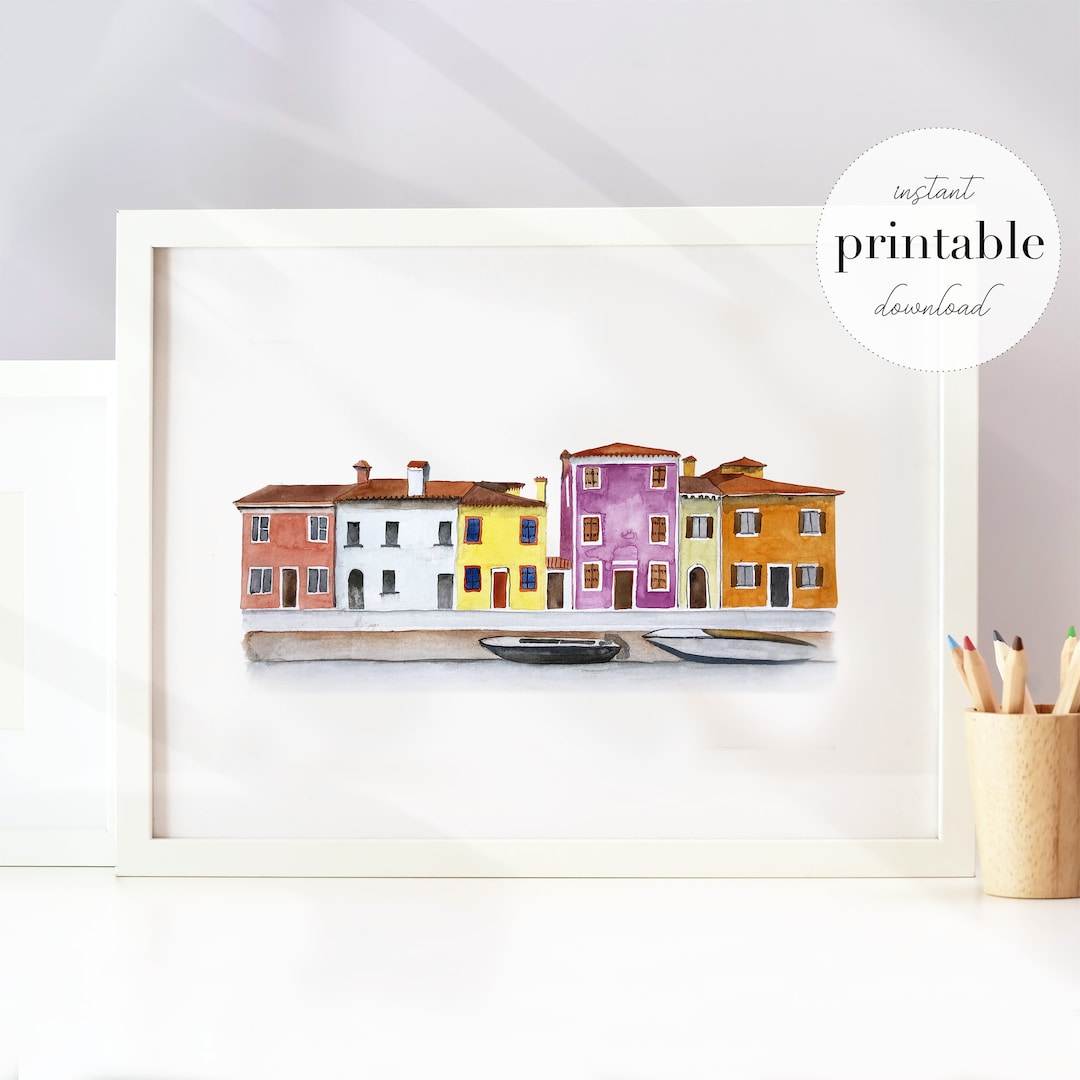Burano Streetscape Illustrated Printable | Travel Art Print | Italy ...
