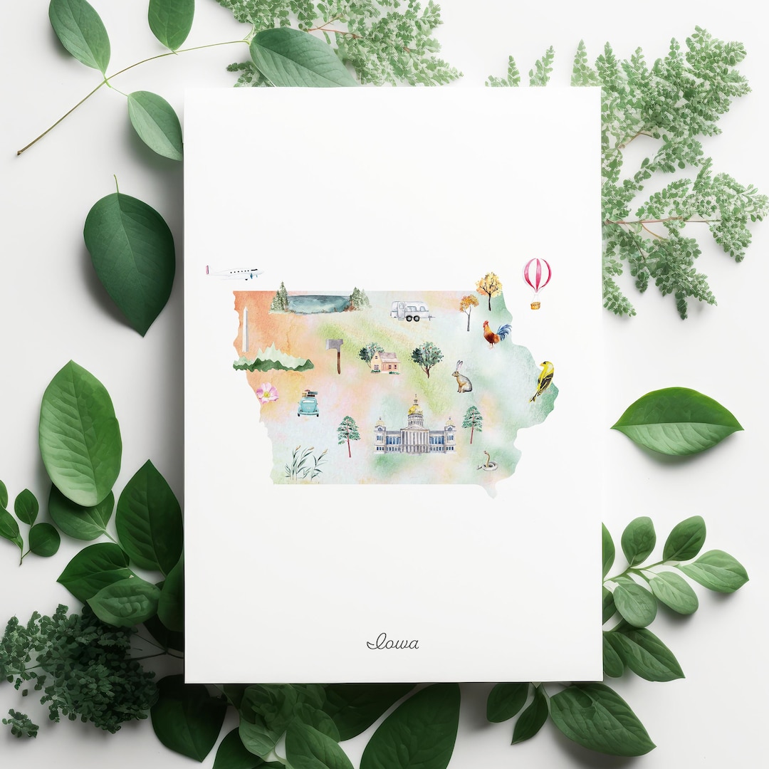 Iowa Printable State Map, Illustrated Wall Art Print, Travel Decor ...