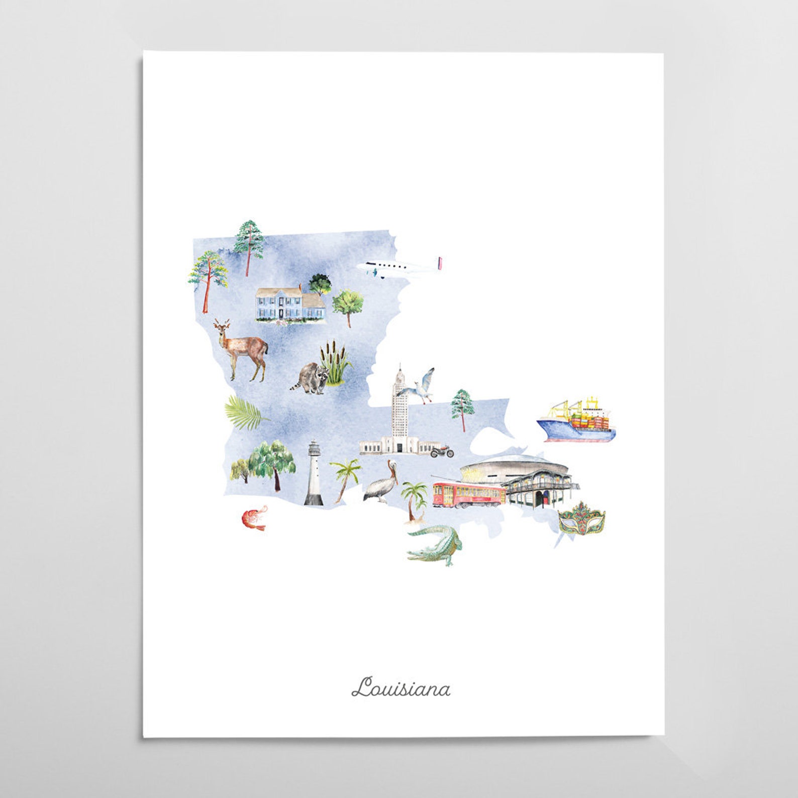 Louisiana Illustrated State Map, New Orleans, Wall Art Print, Nursery ...