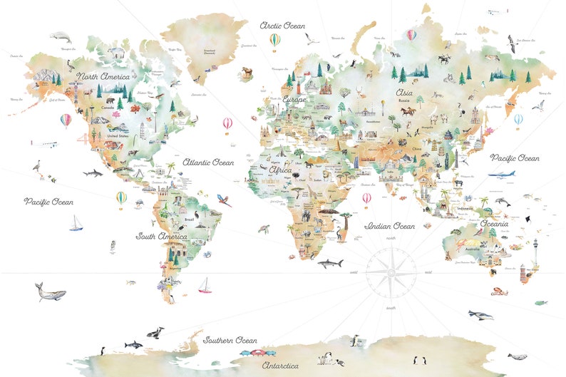 Educational World Map Canvas With Countries, Borders, and Landmarks | Gradient Natural | Kids ...