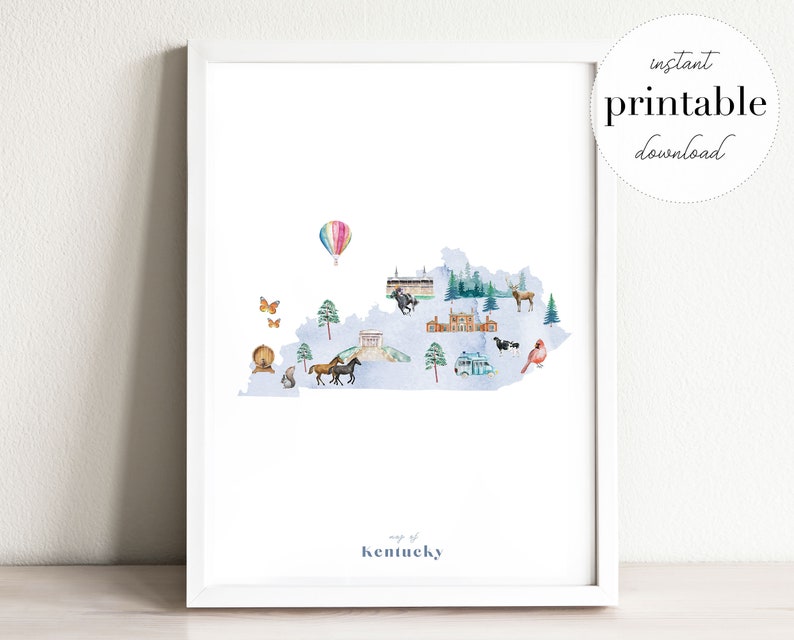 Kentucky Printable State Map illustrated wall art print | Etsy