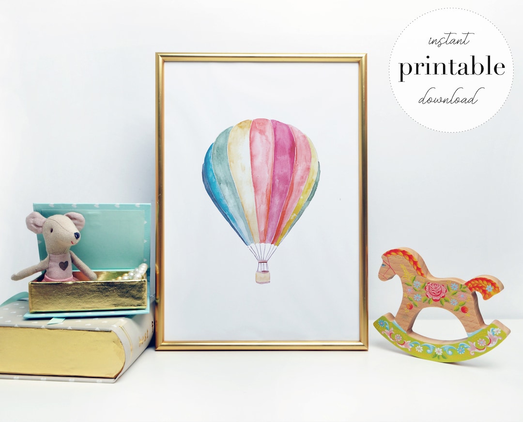Rainbow Hot Air Balloon Printable, Illustration, Wall Art Print ...