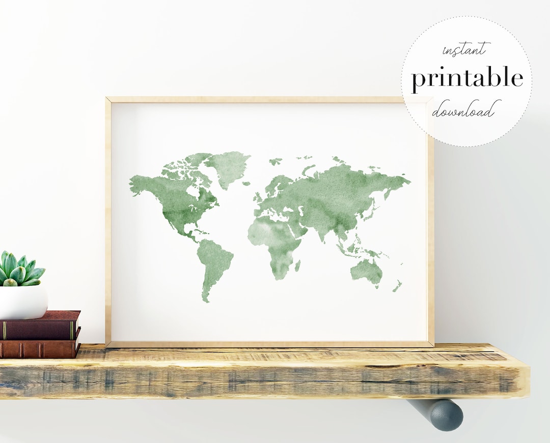 Green World Map Printable, Illustration, Wall Art Print, Nursery Decor ...