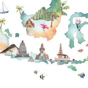 Indonesia Map Art Print: Watercolor Landmark Illustration (digital ...