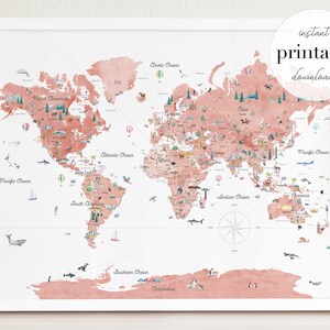 Pink Educational World Map Printable Nursery Decor World Map - Etsy