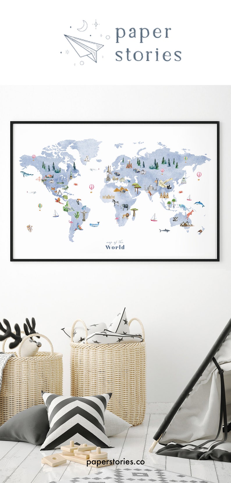 Illustrated World Map Printable wall art print nursery | Etsy
