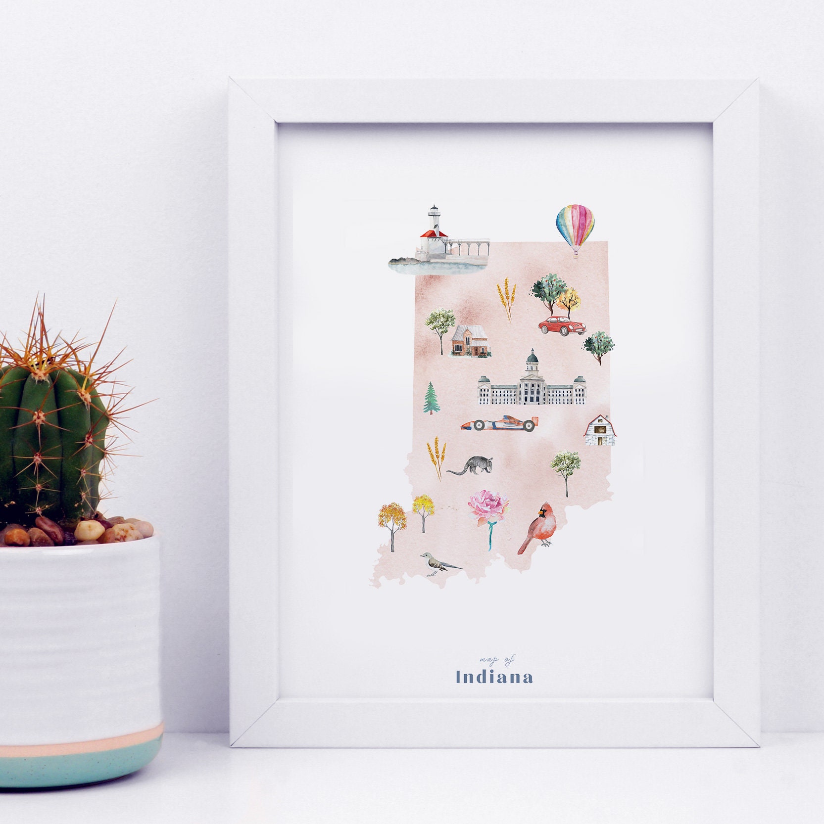 Indiana Printable State Map illustrated wall art print | Etsy