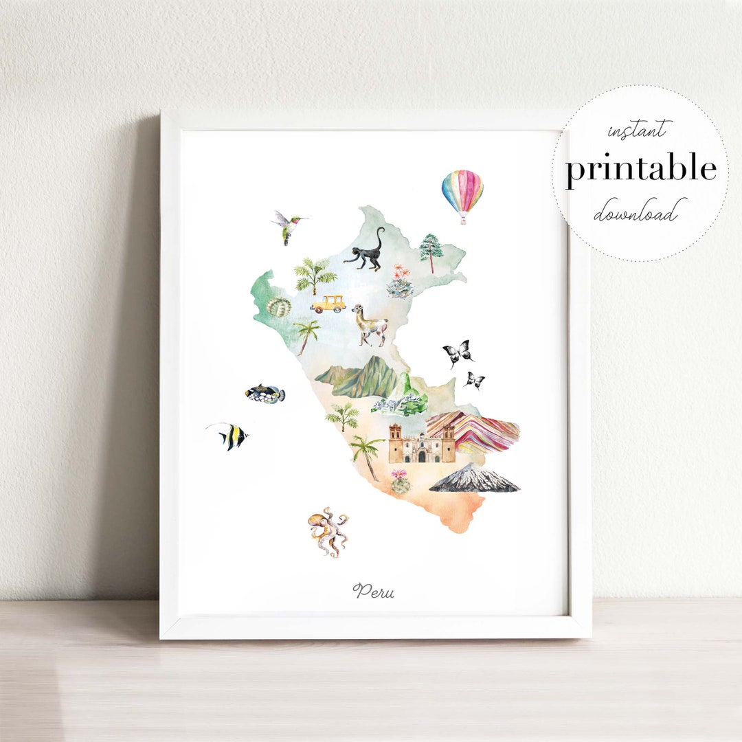 Peru Illustrated Map Printable, Wall Art Print, Nursery Decor ...