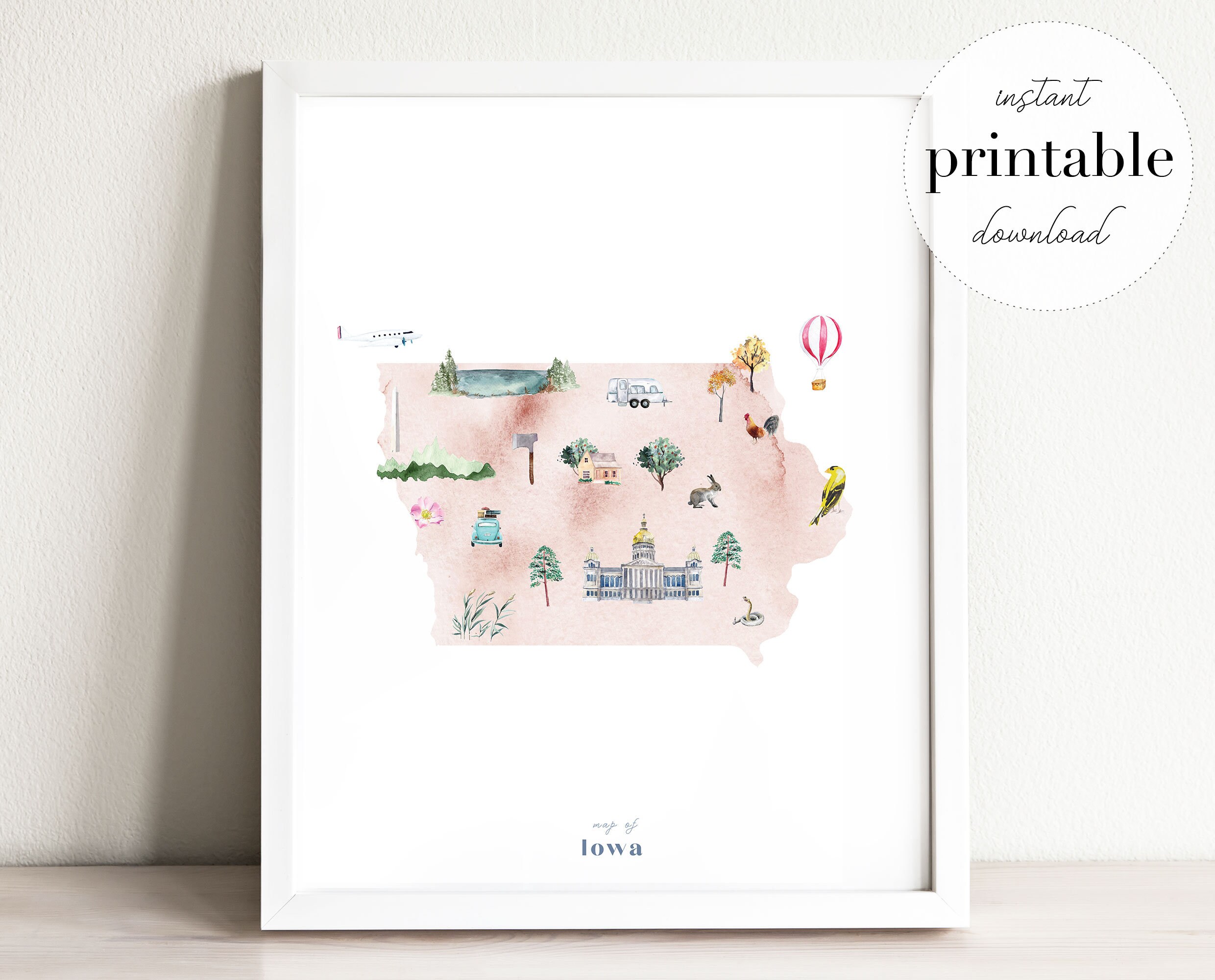 Iowa Printable State Map illustrated wall art print nursery | Etsy