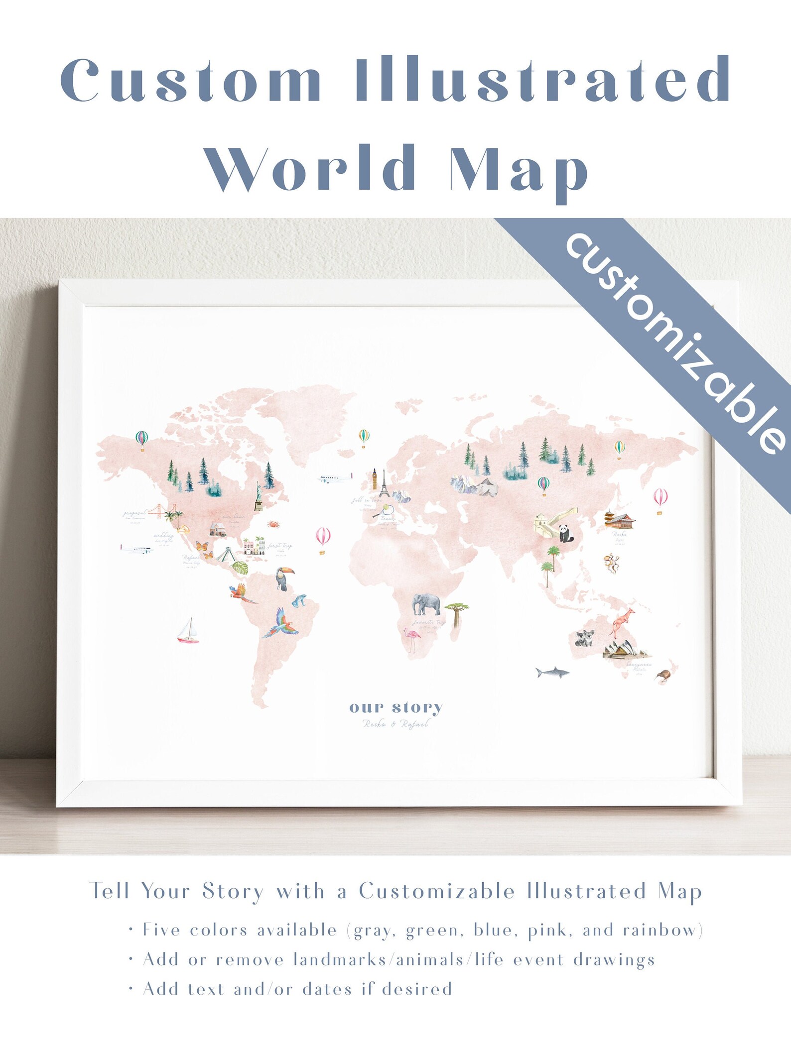 Custom Illustrated World Map Wall Art Personalized Nursery | Etsy