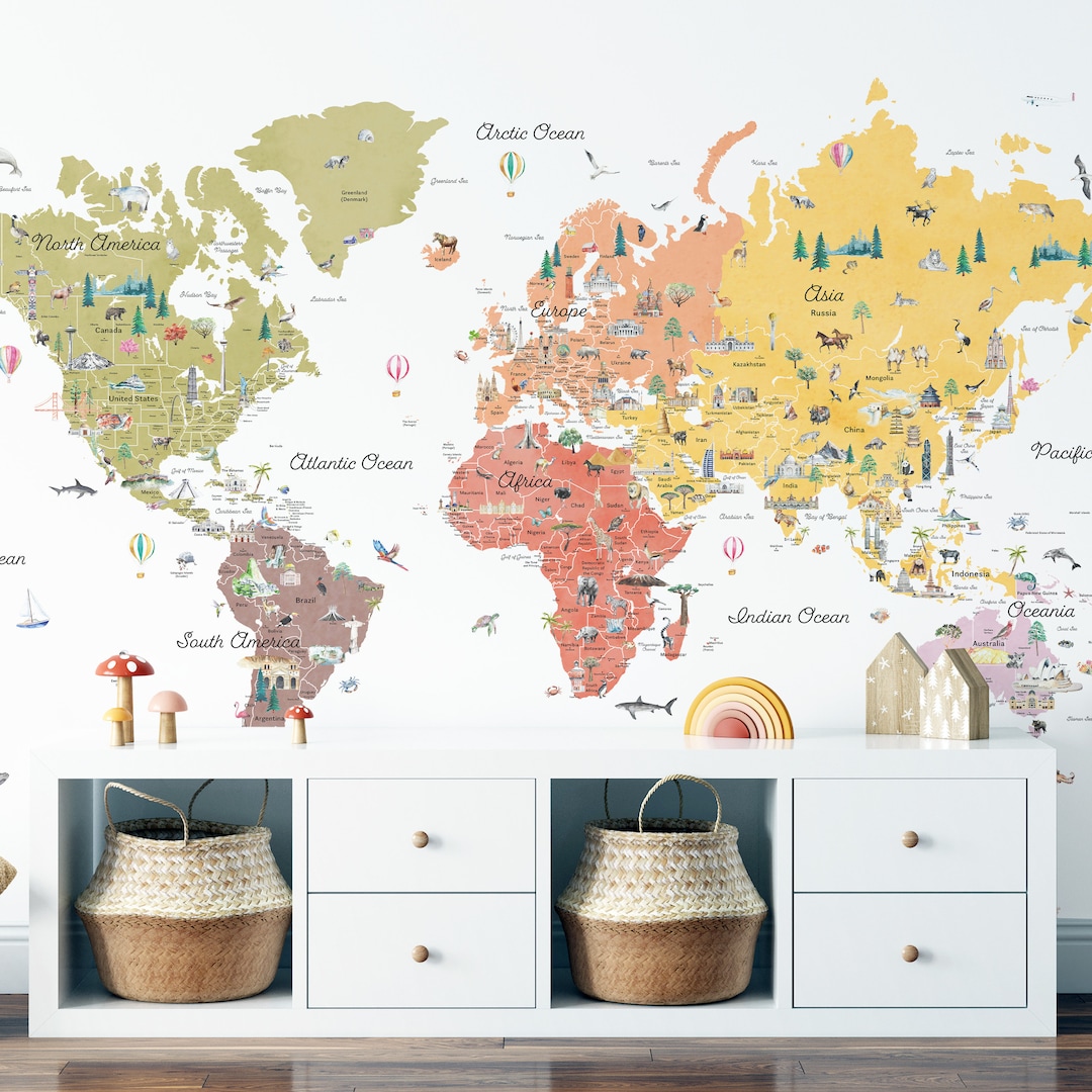 Earth Tones Educational World Map Wall Decal | Playful Nursery Decor ...