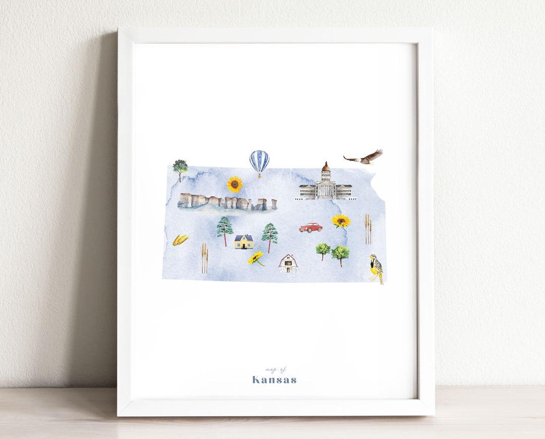 Kansas Illustrated State Map Wall Art Print Nursery Decor - Etsy