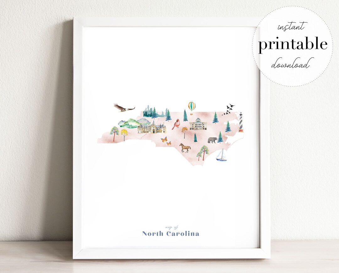 North Carolina Printable State Map, Illustrated Wall Art Print, Nursery ...