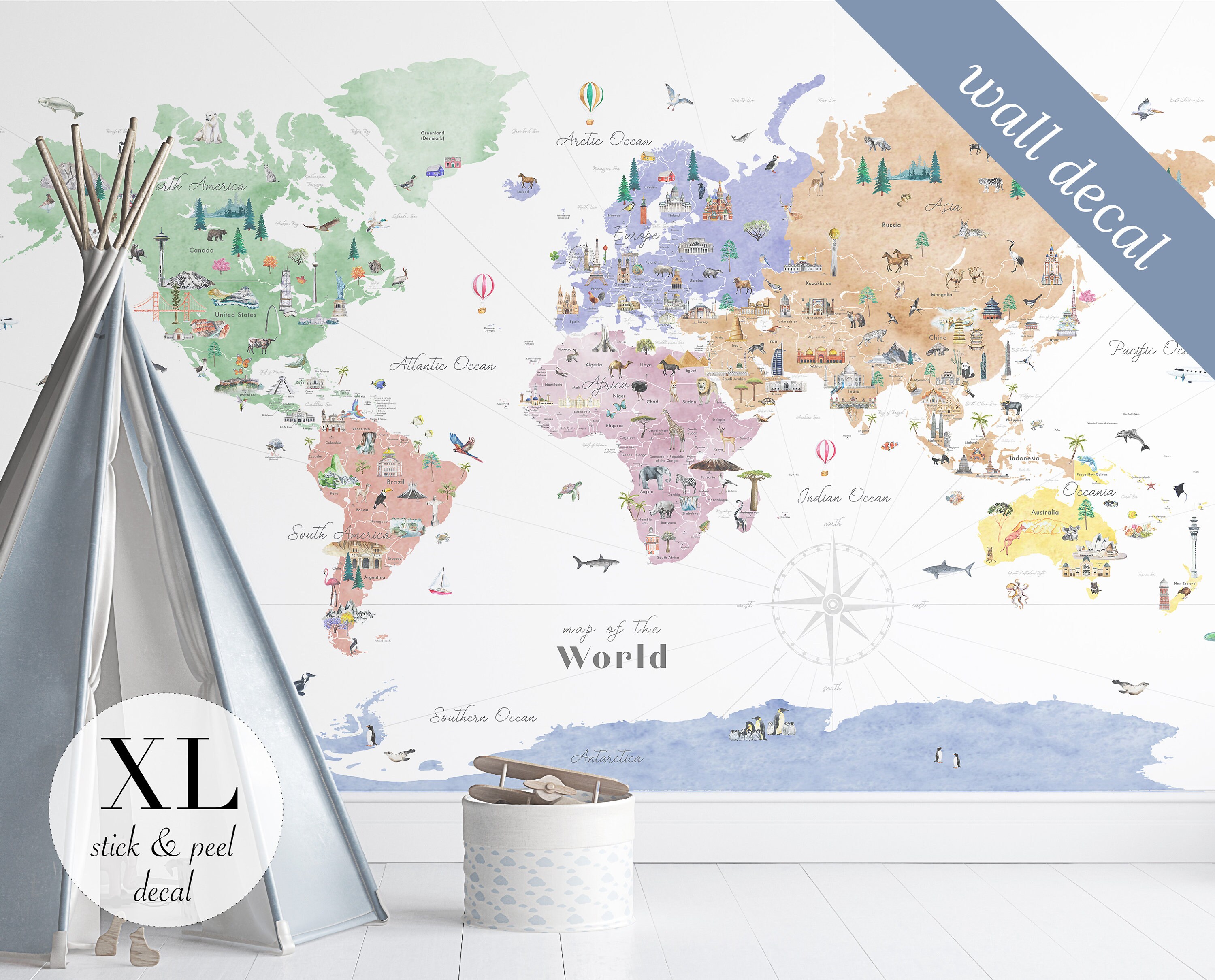 Colorful Educational World Map Wall Decal Playful Nursery | Etsy UK