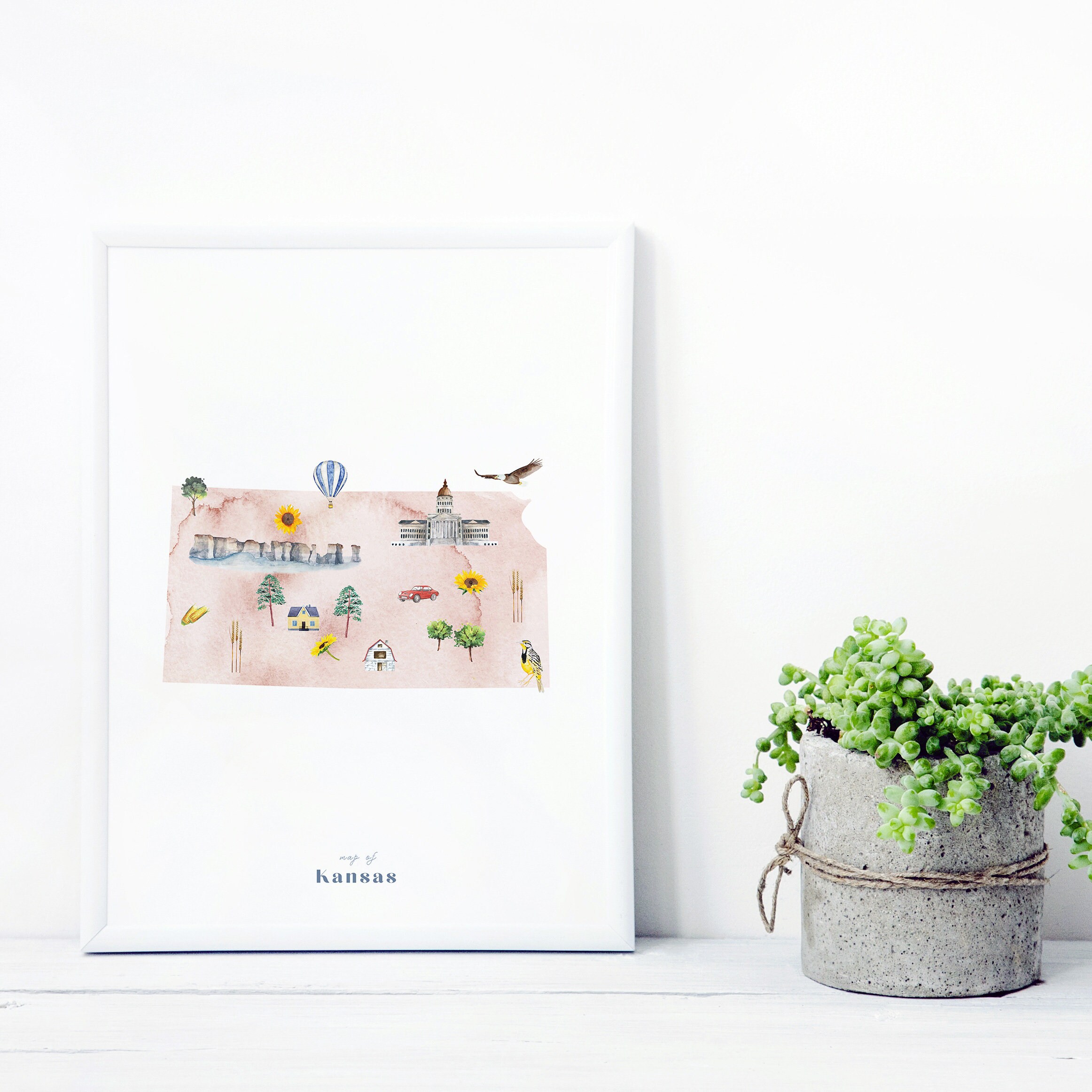 Kansas Illustrated State Map Wall Art Print Nursery Decor | Etsy