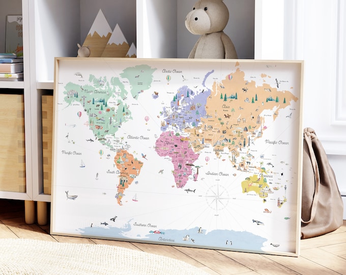 World Map Poster for Kids Large Educational World Map Illustrated Wall ...