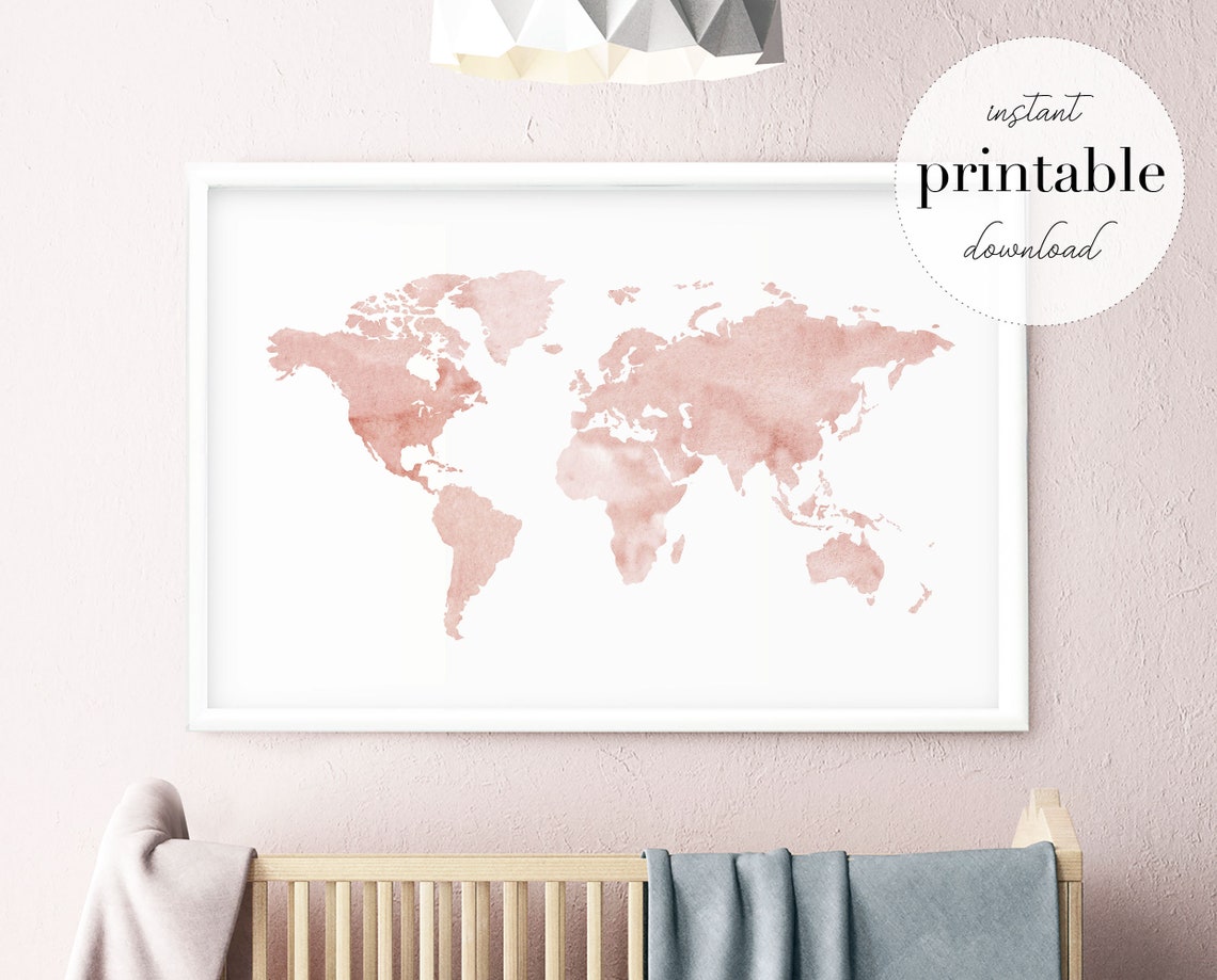 Pink World Map Printable Illustration Wall Art Print - Etsy