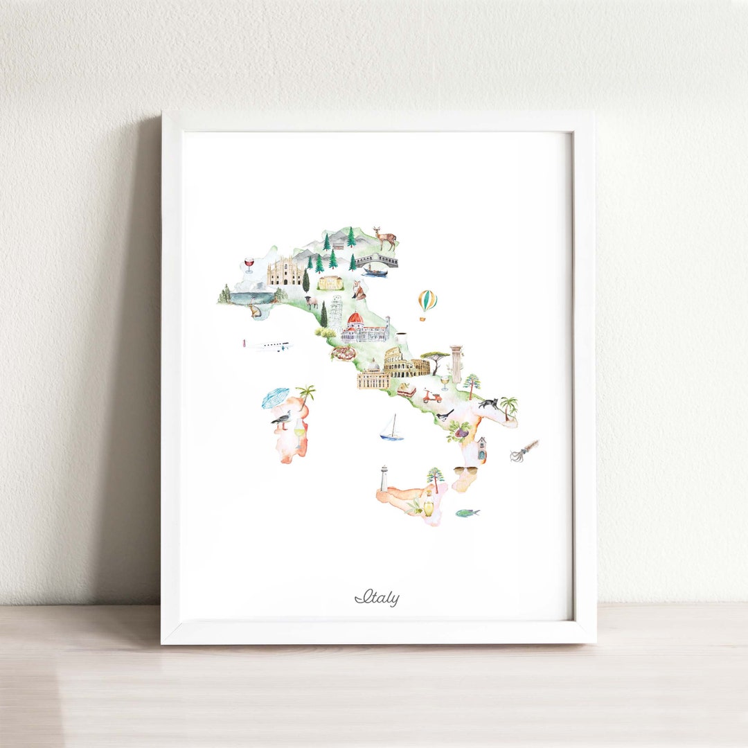 Italy Map Art Print: Watercolor Landmarks, Kids Nursery Decor - Etsy