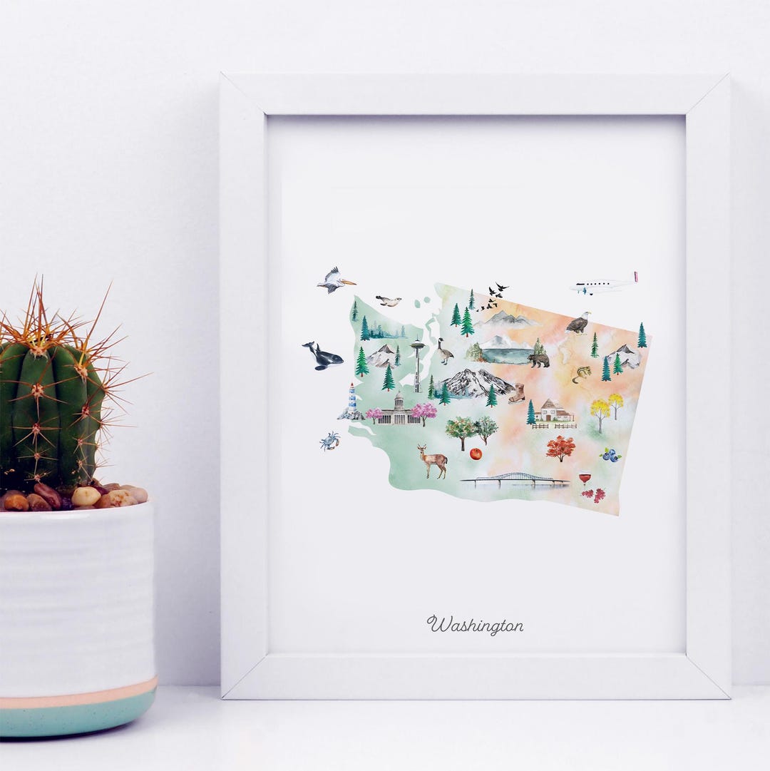 Washington Illustrated State Map, Wall Art Print, Nursery Decor ...