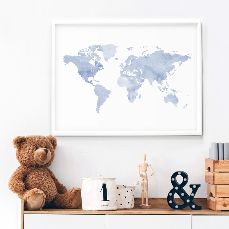 Blue World Map Printable illustration wall art print | Etsy