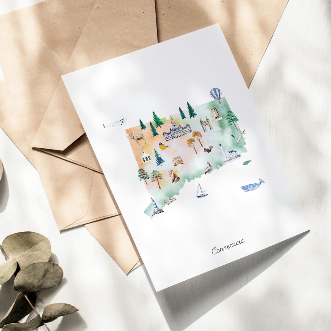 Connecticut Watercolor Map Print: Illustrated State Art, Nursery Decor ...