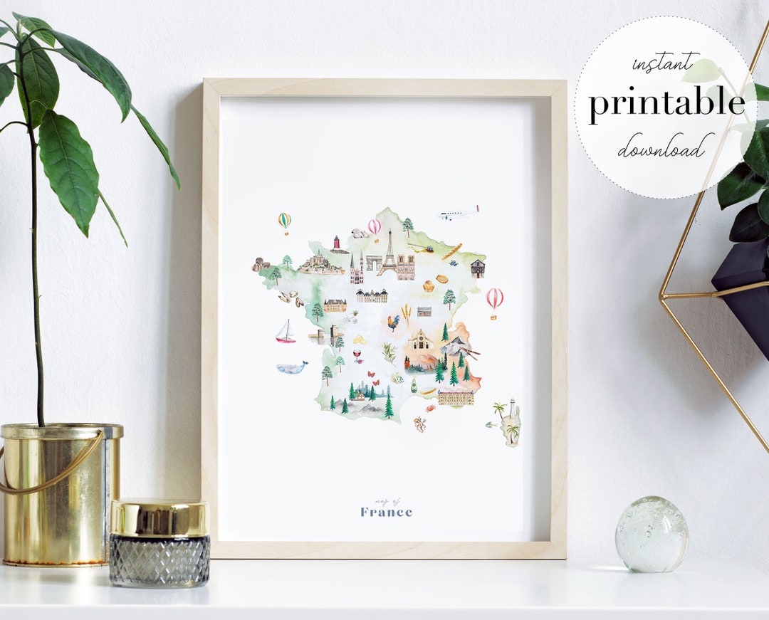 France Illustrated Map Printable, Wall Art Print, Nursery Decor ...