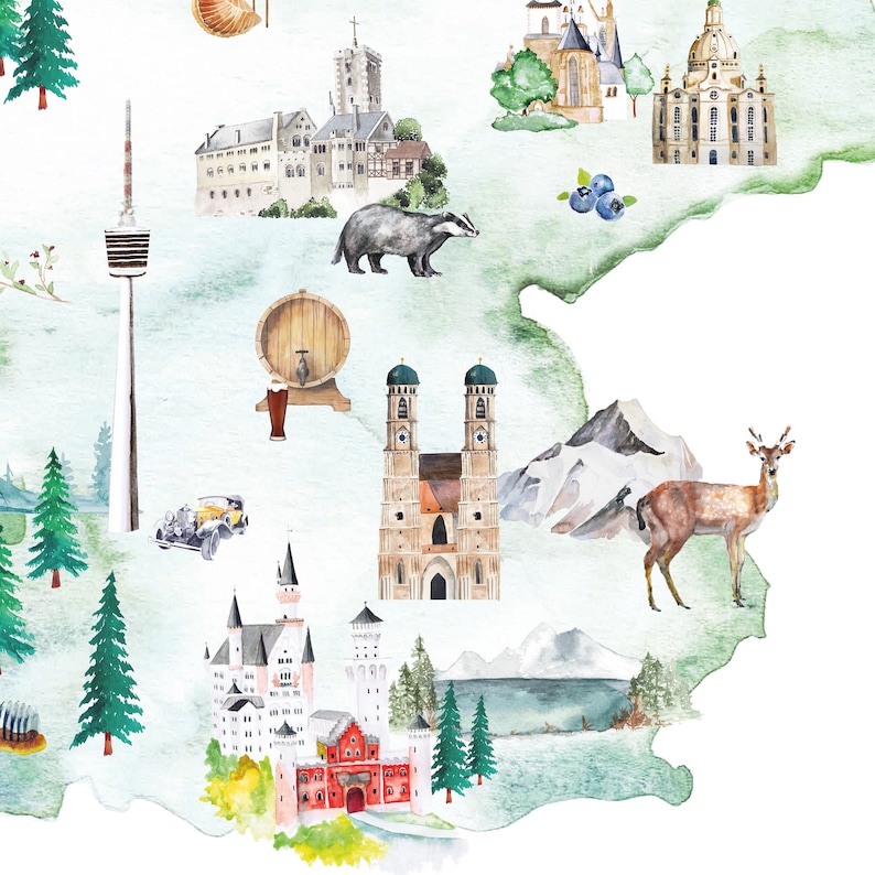 Germany Map Art Print: Watercolor Illustrated Country Map - Etsy