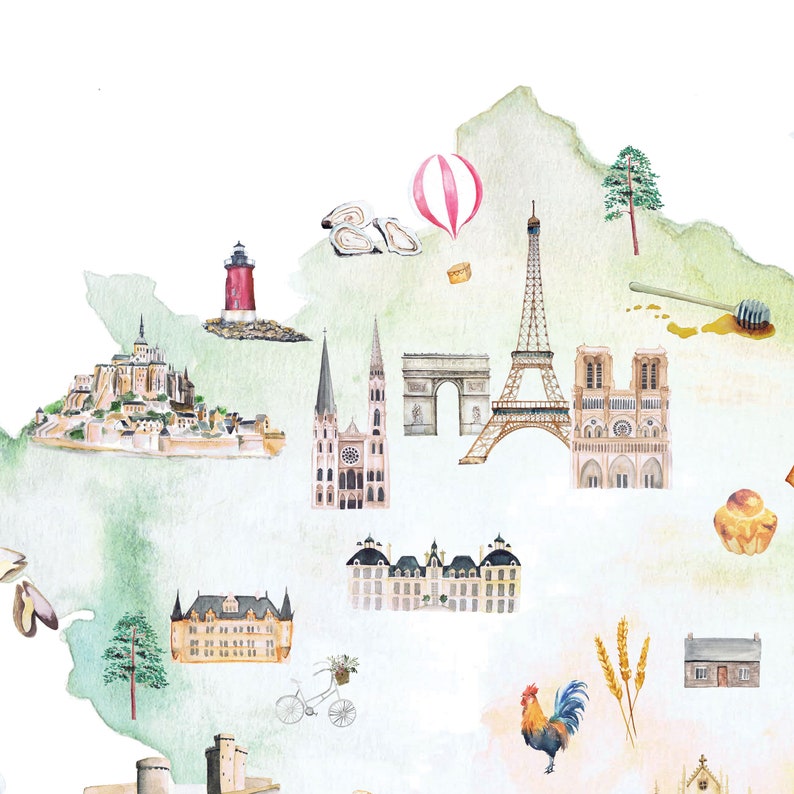 France Map Art Print Illustrated Watercolor Nursery Decor - Etsy