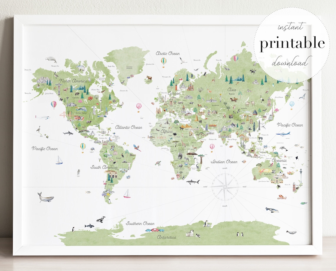 Green Educational World Map Printable Kids World Map - Etsy