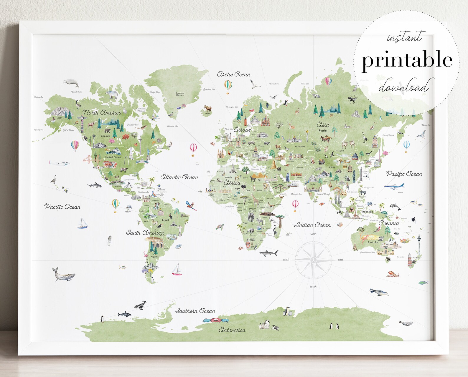 Green Educational World Map Printable Kids World Map - Etsy