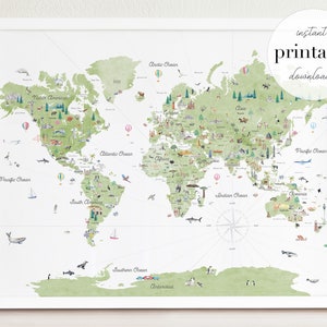 Green Educational World Map Printable Kids World Map - Etsy