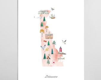 Delaware Print Map Art Watercolor Map USA Art Print Dover - Etsy