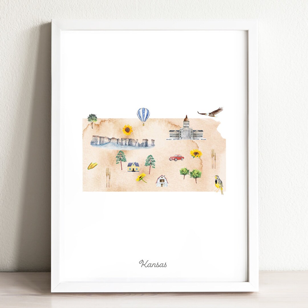 Kansas Illustrated State Map, Wall Art Print, Nursery Decor, Nursery ...
