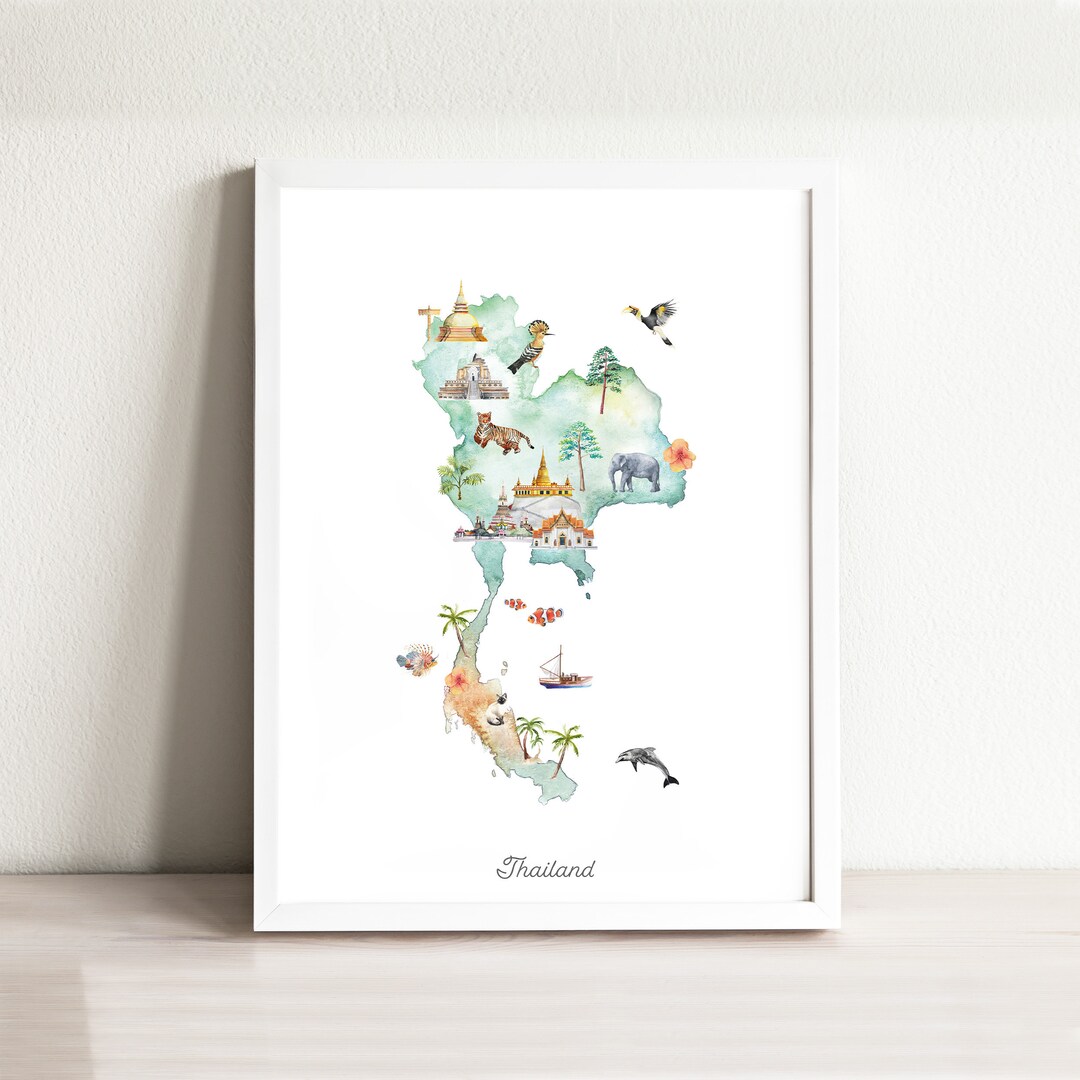 Thailand Map Art Print Illustrated, Home Decor, Travel Poster, Nursery ...