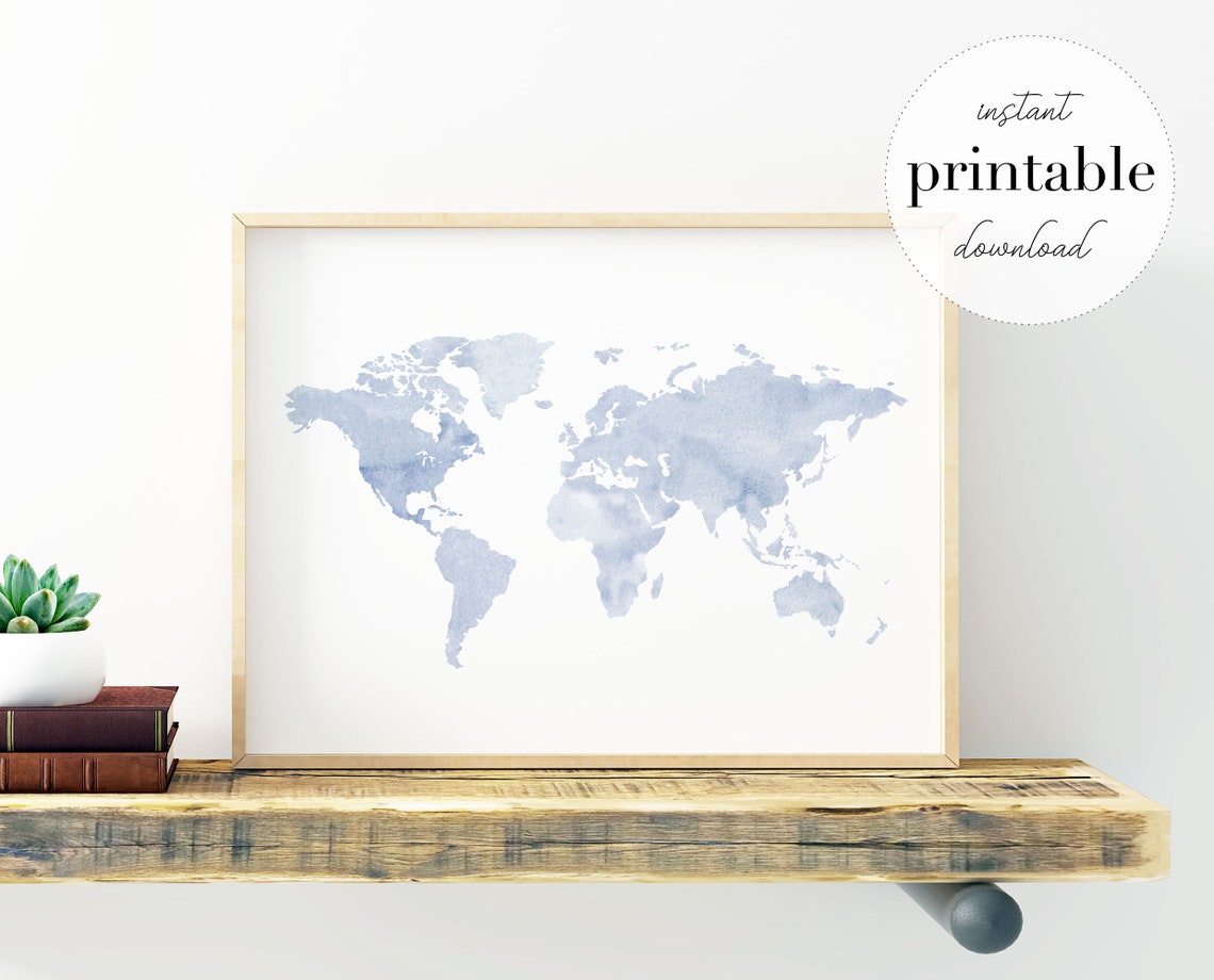 Blue World Map Printable illustration wall art print | Etsy