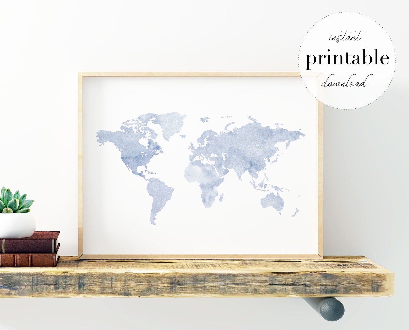 Blue World Map Printable illustration wall art print | Etsy
