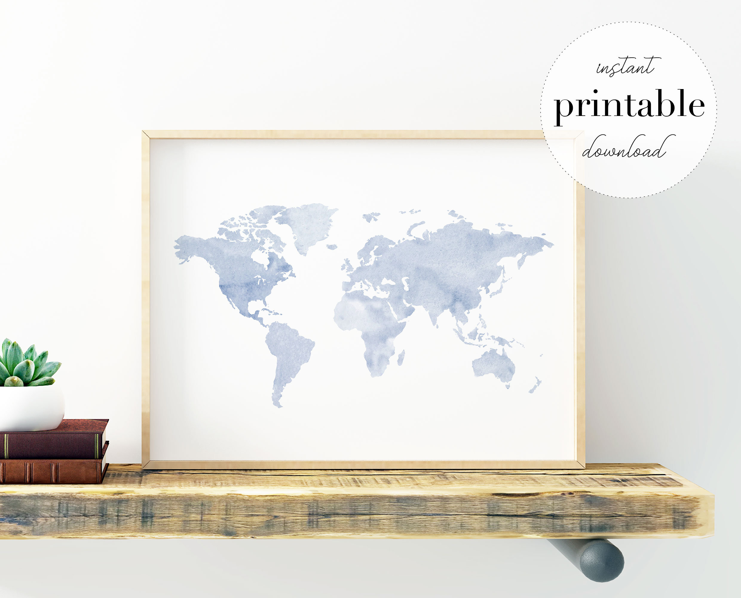 Blue World Map Printable illustration wall art print | Etsy