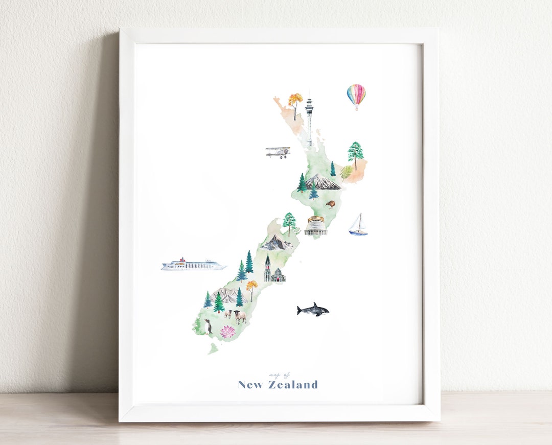 New Zealand Illustrated Map Art Print Watercolor Nursery - Etsy