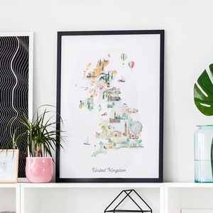 United Kingdom Map Print: Watercolor Landmarks Art (digital Download ...