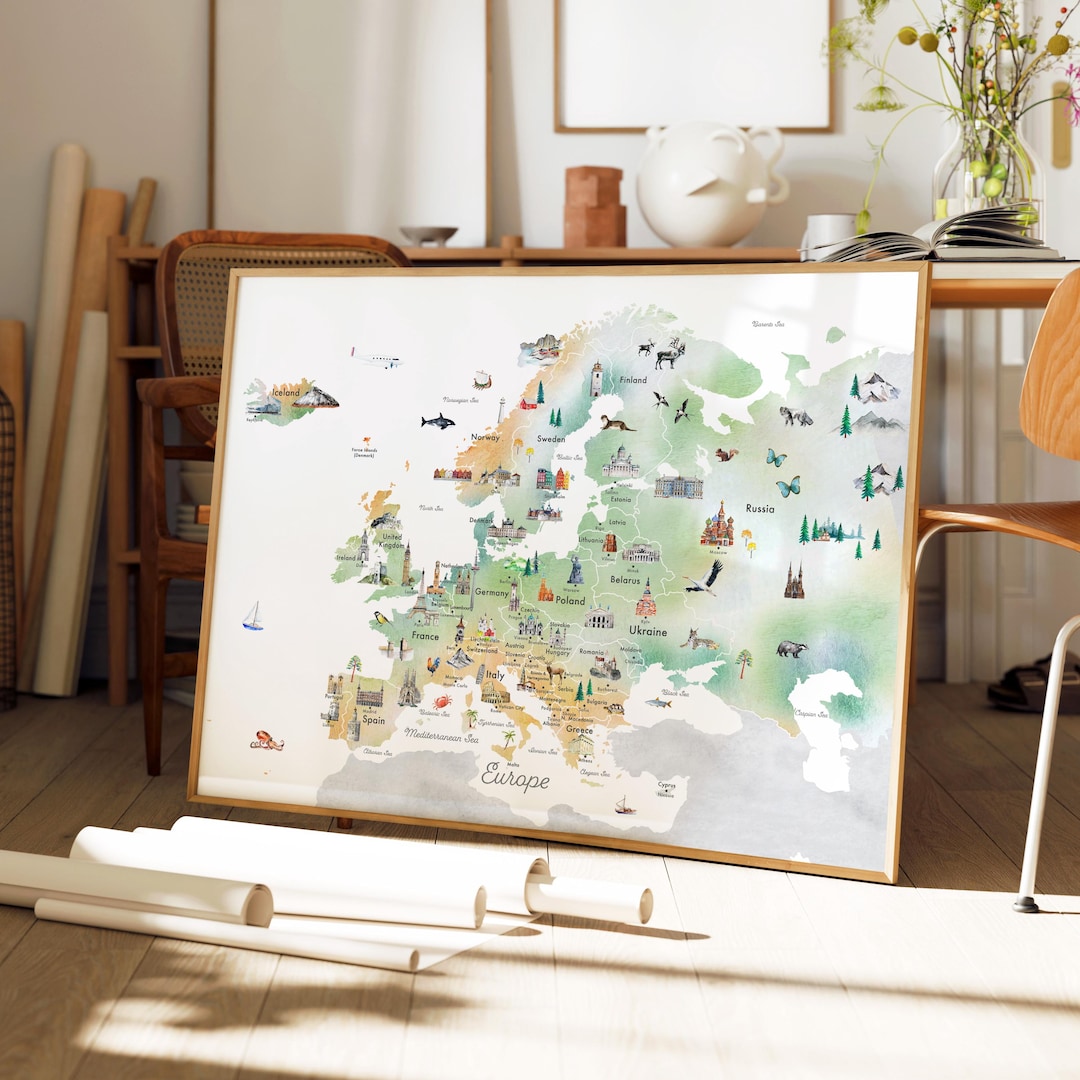 Europe Illustrated Map Print: Watercolor Landmarks, Animals (digital ...