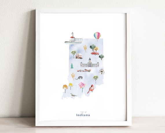 Indiana Illustrated State Map Wall Art Print Nursery Decor | Etsy