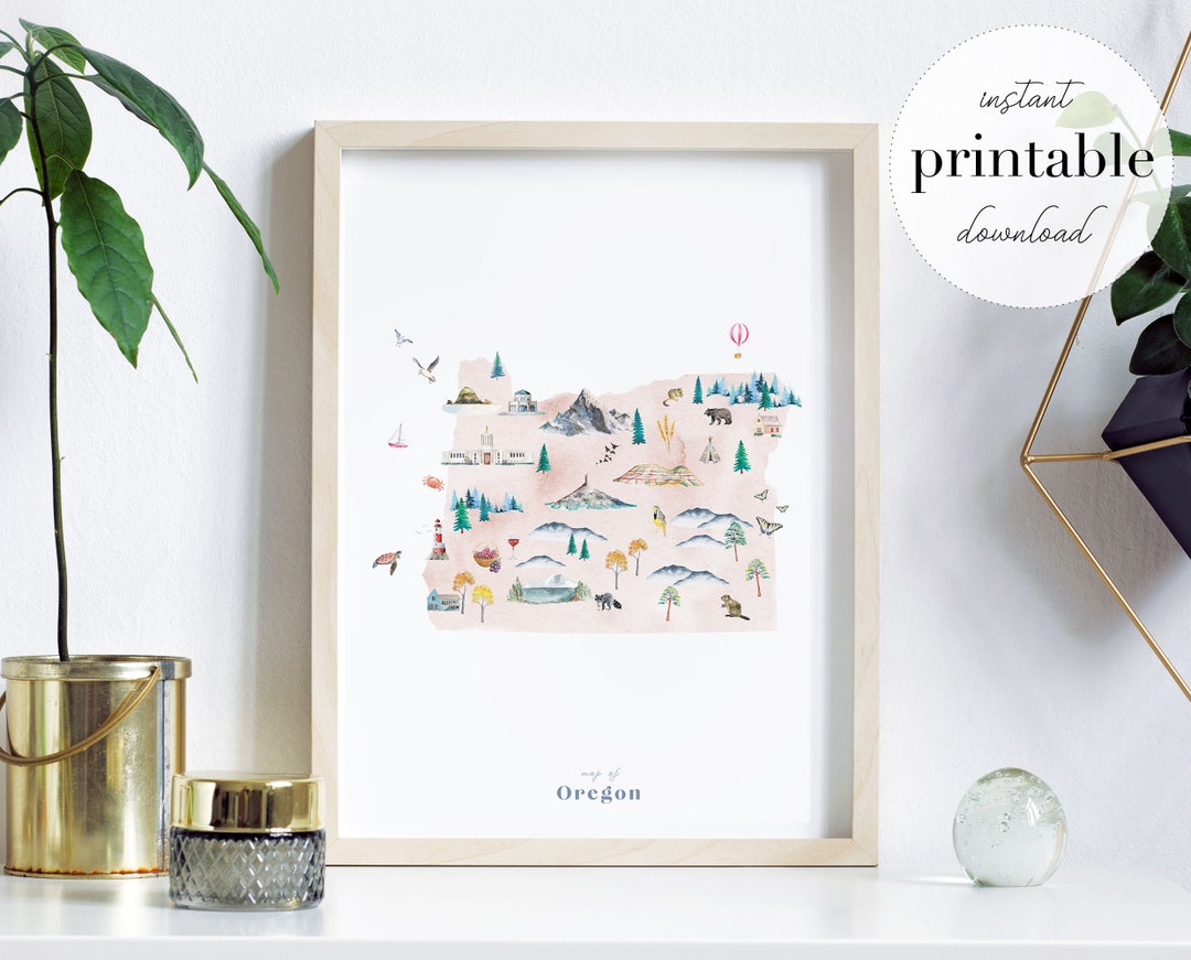 Oregon Printable State Map, Illustrated Wall Art Print, Nursery Decor ...