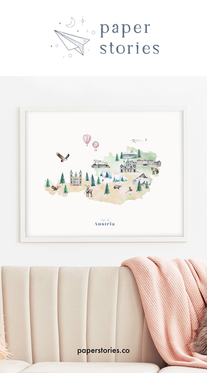 Austria Illustrated Map Art Print Austria Travel Decor Print | Etsy