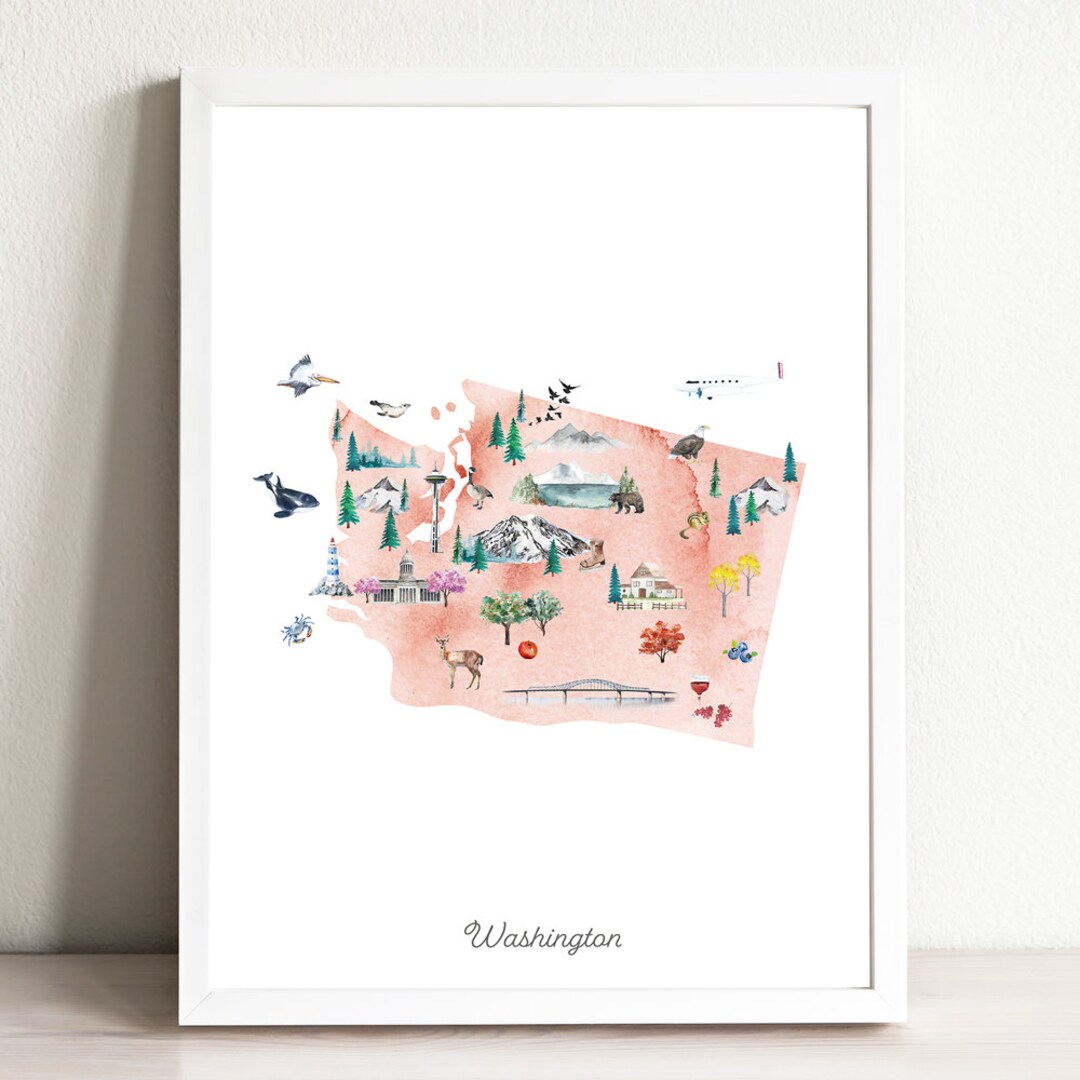 Washington Illustrated State Map, Wall Art Print, Nursery Decor ...