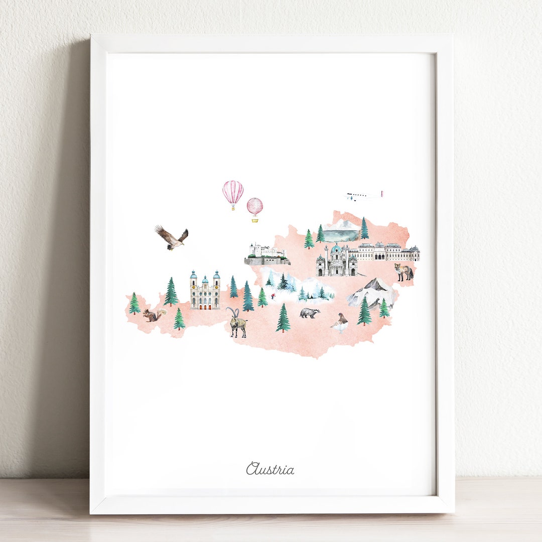 Austria Illustrated Map Art Print Austria Travel Decor Print Nursery ...