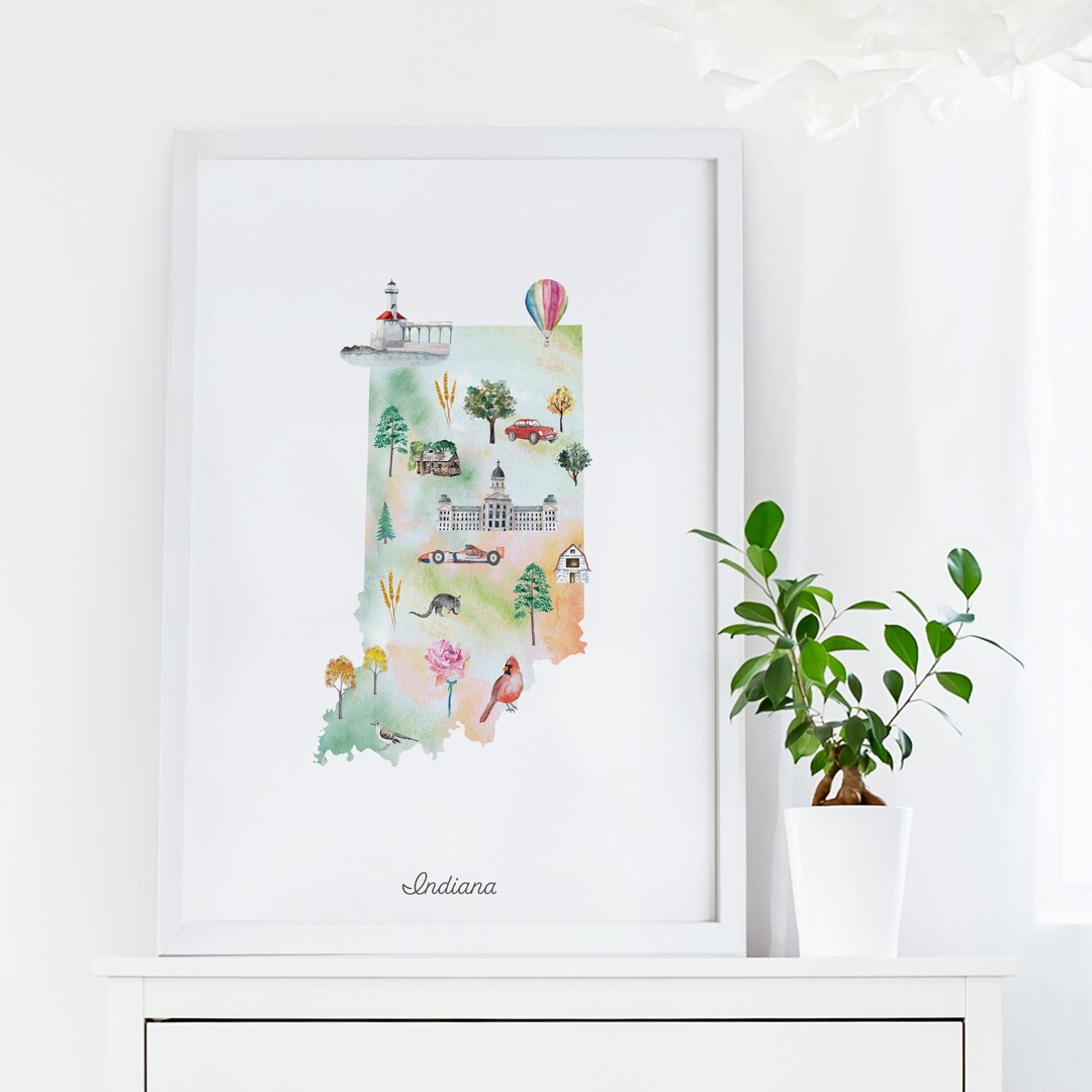 Indiana Illustrated State Map, Wall Art Print, Travel Decor, Nursery ...