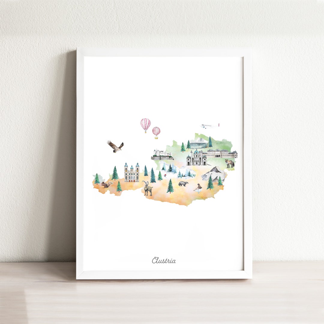 Austria Illustrated Map Art Print | Austria Travel Decor Print ...