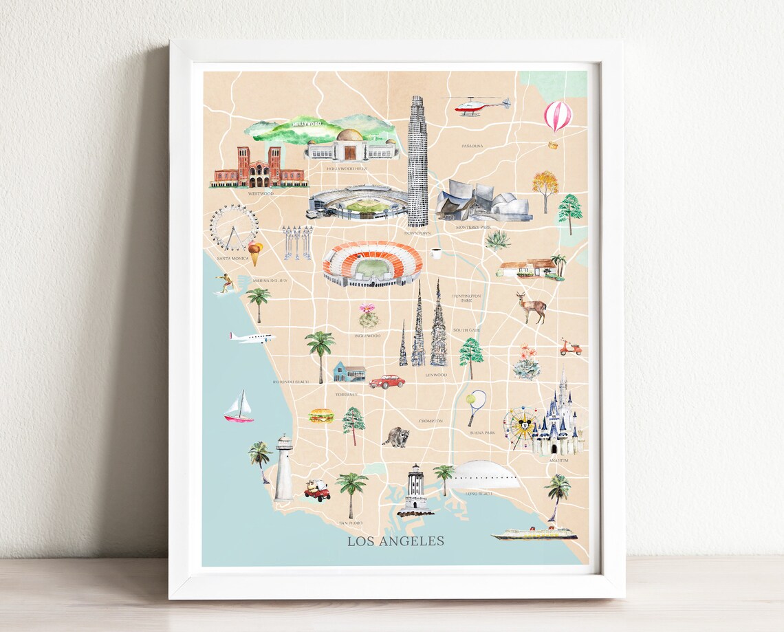 Los Angeles Map Art Print Watercolor City Map Travel | Etsy