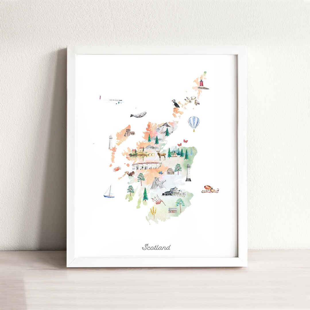 Scotland Illustrated Map Art Print | Scotland Travel Decor Print ...