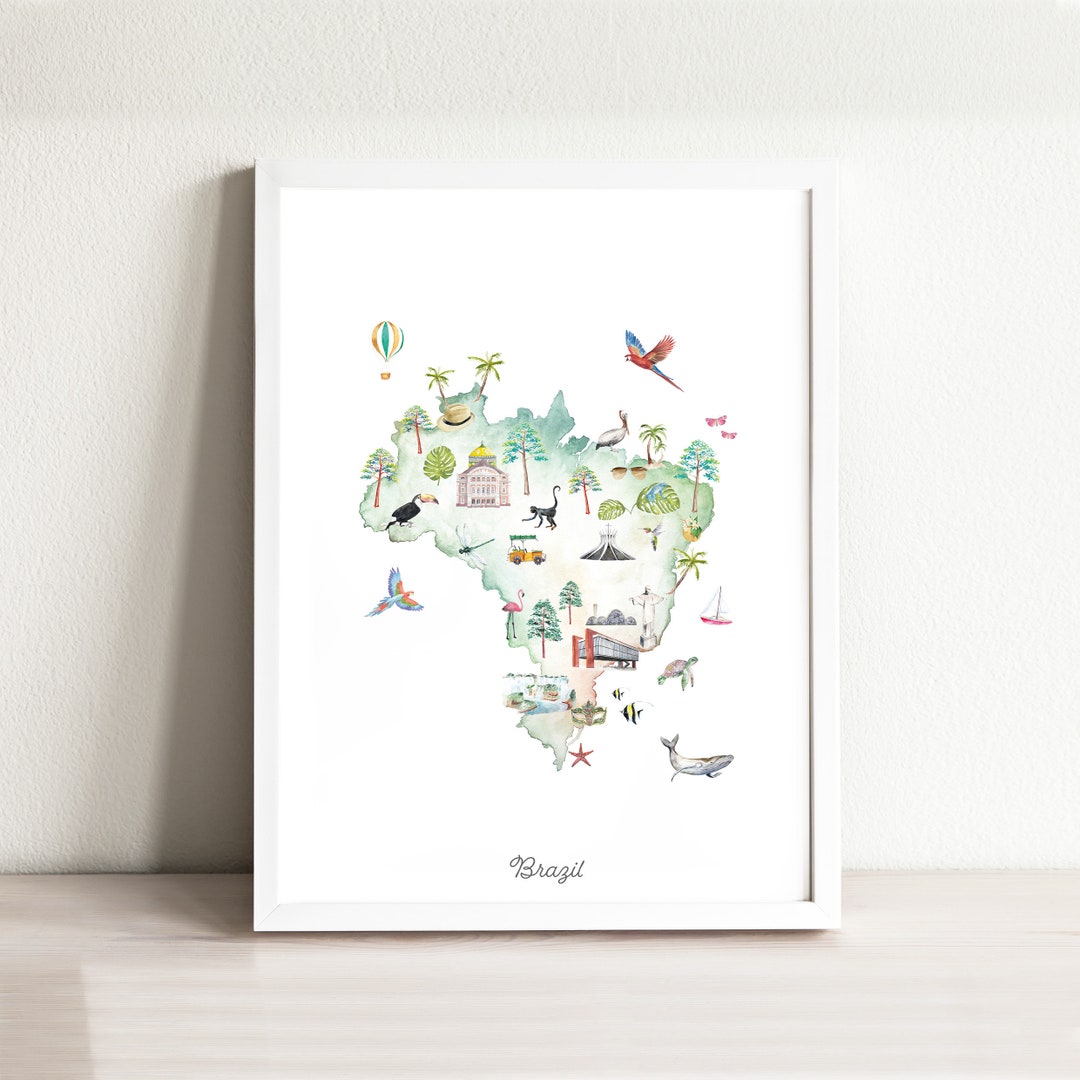 Brazil Map Art Print: Watercolor Travel Poster, Nursery Decor - Etsy